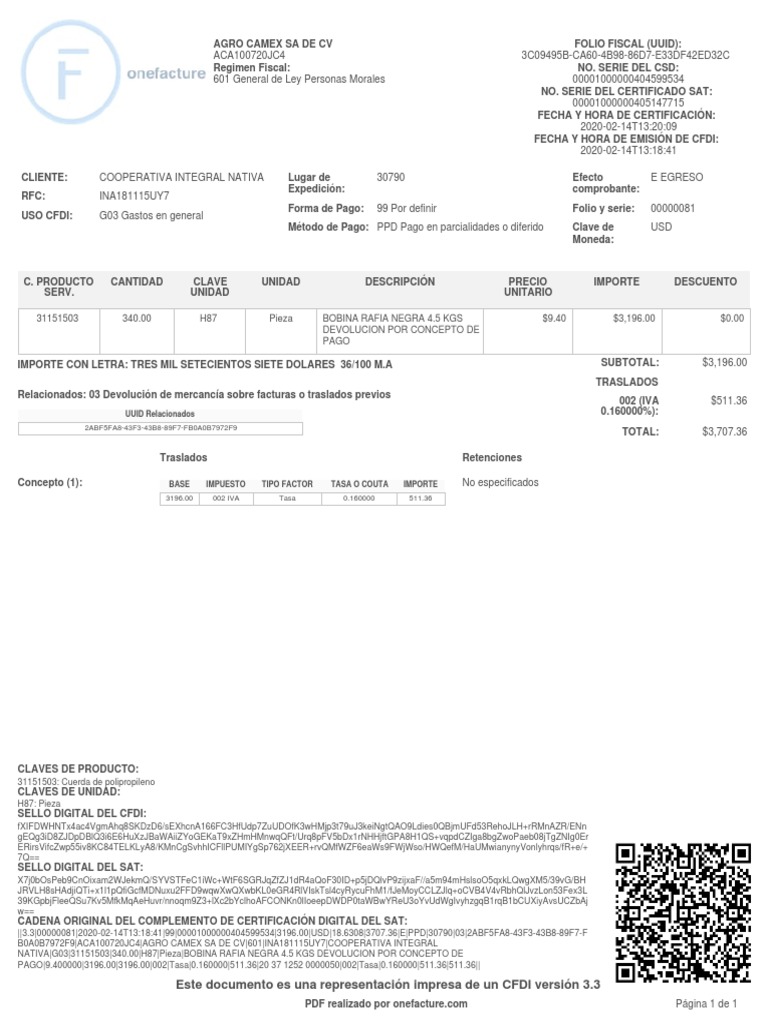 340.00 H87 Pieza Bobina Rafia Negra 4.5 Kgs Devolucion Por Concepto de ...