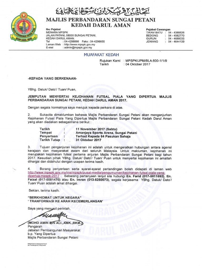 Surat Jemputan Ke Kejohanan Futsal Piala Ydp MPSPK | PDF