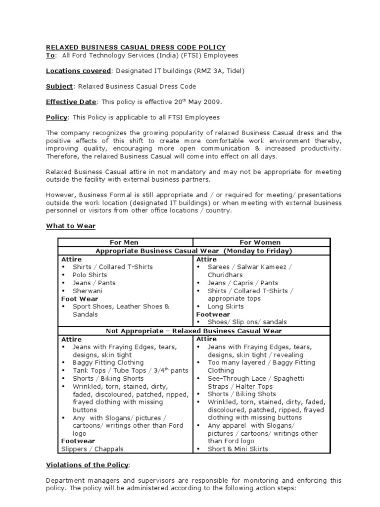 Relaxed Business Dress Code Policy | PDF | Clothing | Trousers