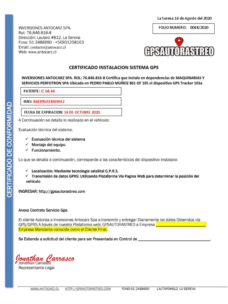 Certificado GPS 2020 JZGB66 | PDF | Finanzas y dinero | Informática