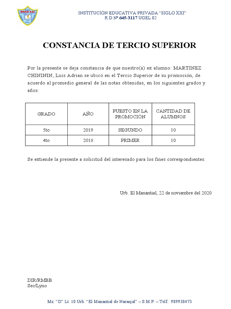 Constancia de Tercio Superior | PDF