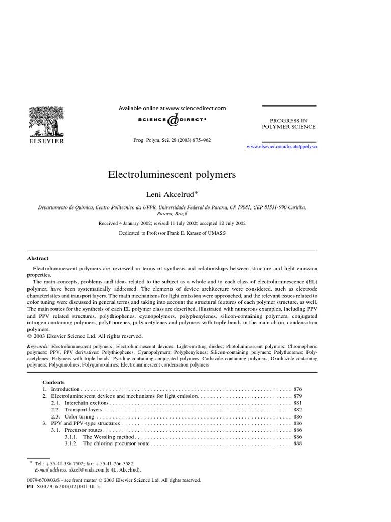 Electroluminescent Polymers Akcelrud | PDF | Oled | Physics