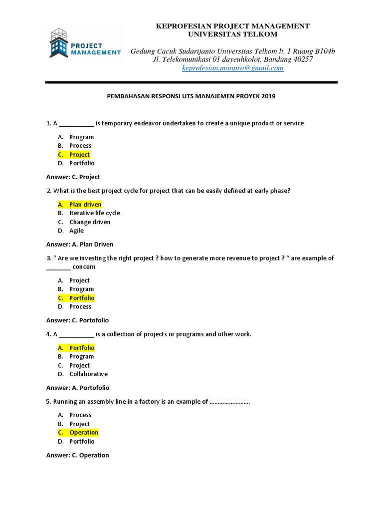 Masteran Pembahasan Responsi UTS Manajemen Proyek 2019 | PDF