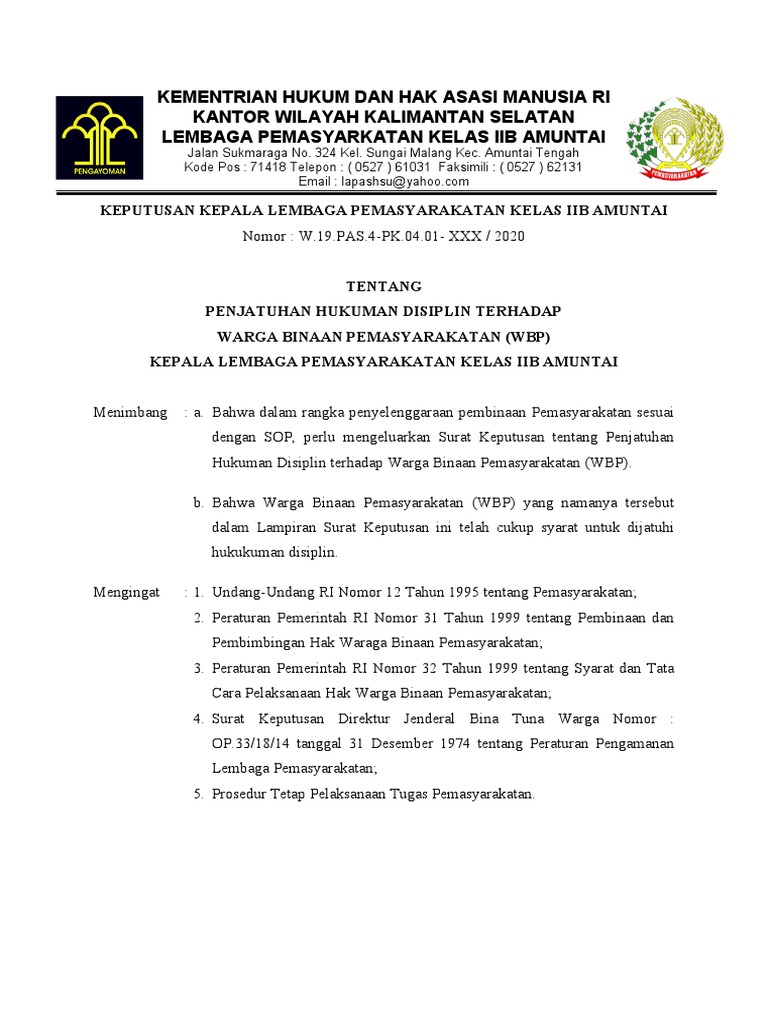 B. Keputusan Kalapas Tentang Penjatuhan Hukuman Disiplin | PDF