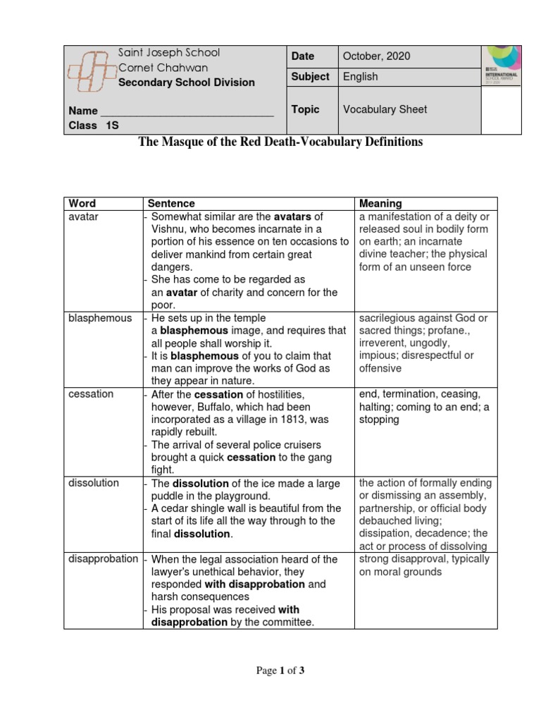The Masque of The Red Death-Vocabulary Definitions: Date Subject | PDF ...