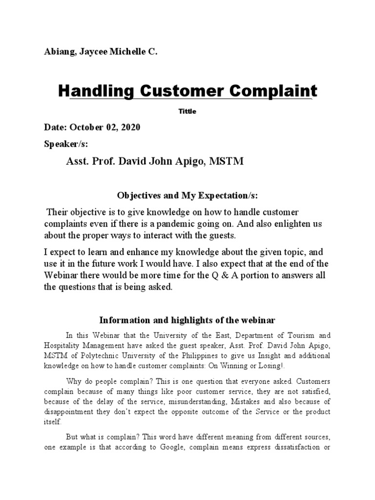 Handling Customer Complaint: Asst. Prof. David John Apigo, MSTM | PDF ...