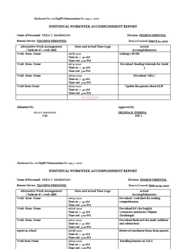 Holiday: Individual Workweek Accomplishment Report | PDF | Behavior Modification | Learning