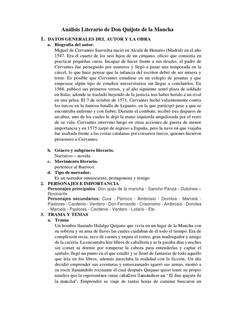 Análisis Literario de Don Quijote | PDF | Don Quijote | Miguel De Cervantes