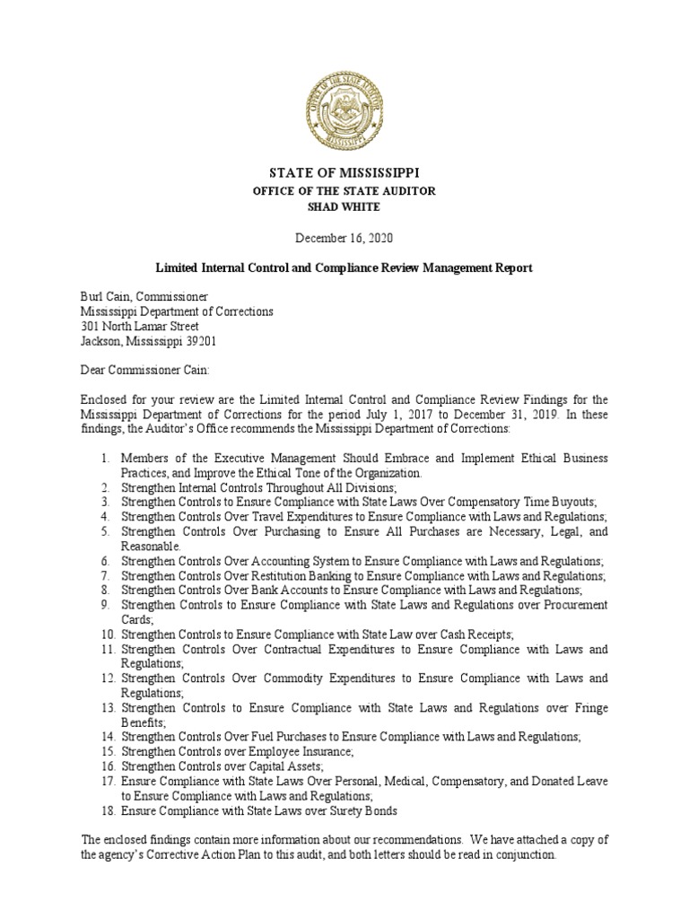 MDOC Compliance Review Findings | PDF | Overtime | Internal Control