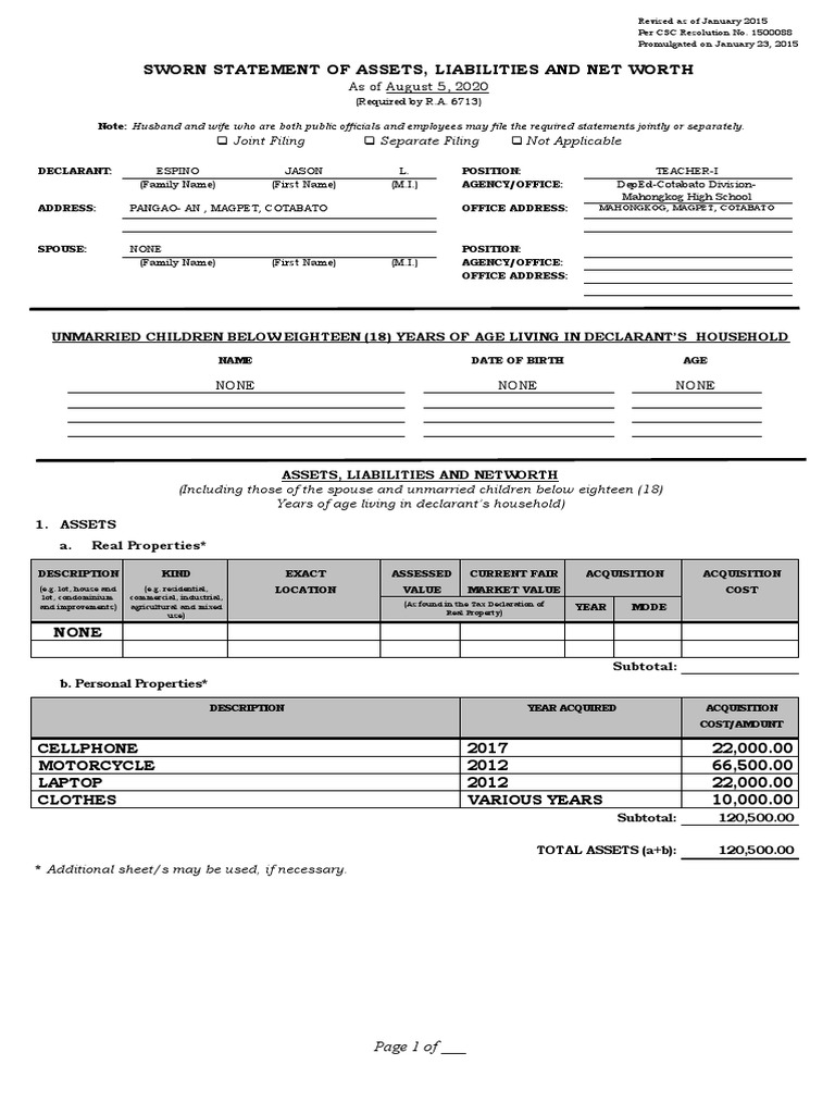 Sworn Statement of Assets, Liabilities and Net Worth | PDF | Net Worth ...