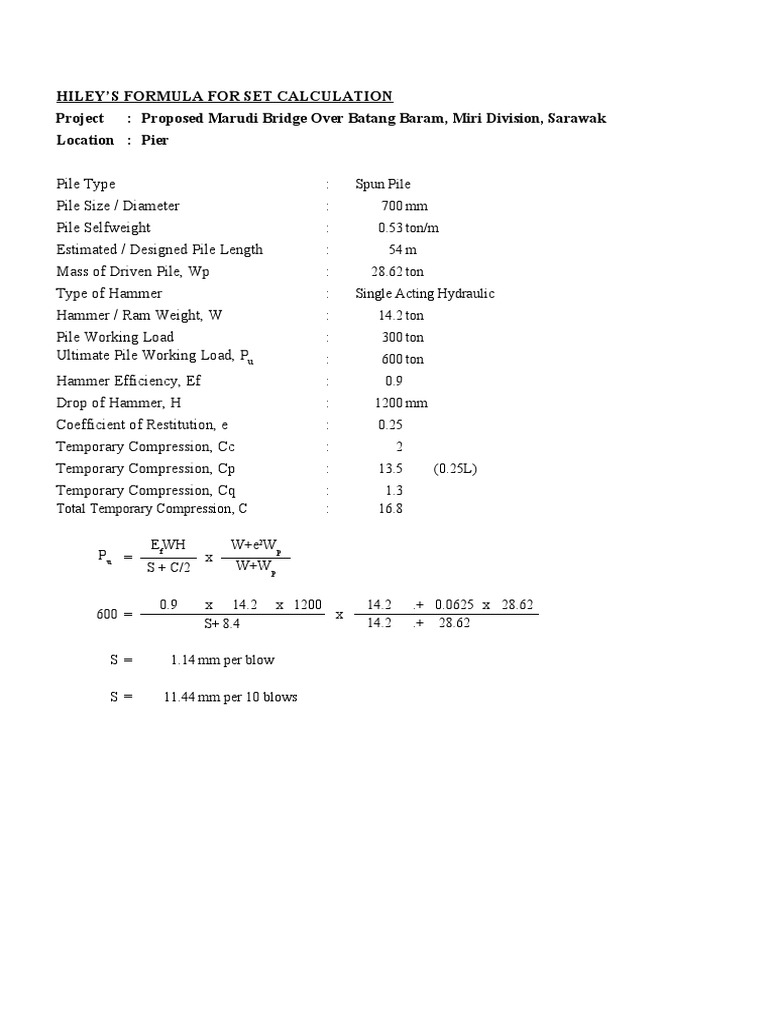 Hiley Formula for Pile Set Calculation | PDF