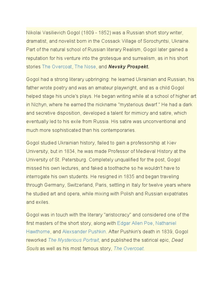 Nikolai Gogol: Russian Literary Icon | PDF | Nikolai Gogol | Poetry
