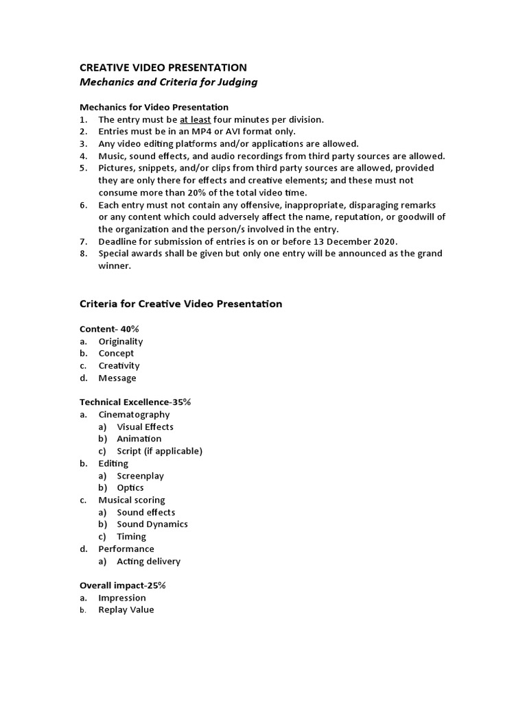 Mechanics and Criteria For Judging: Creative Video Presentation | PDF
