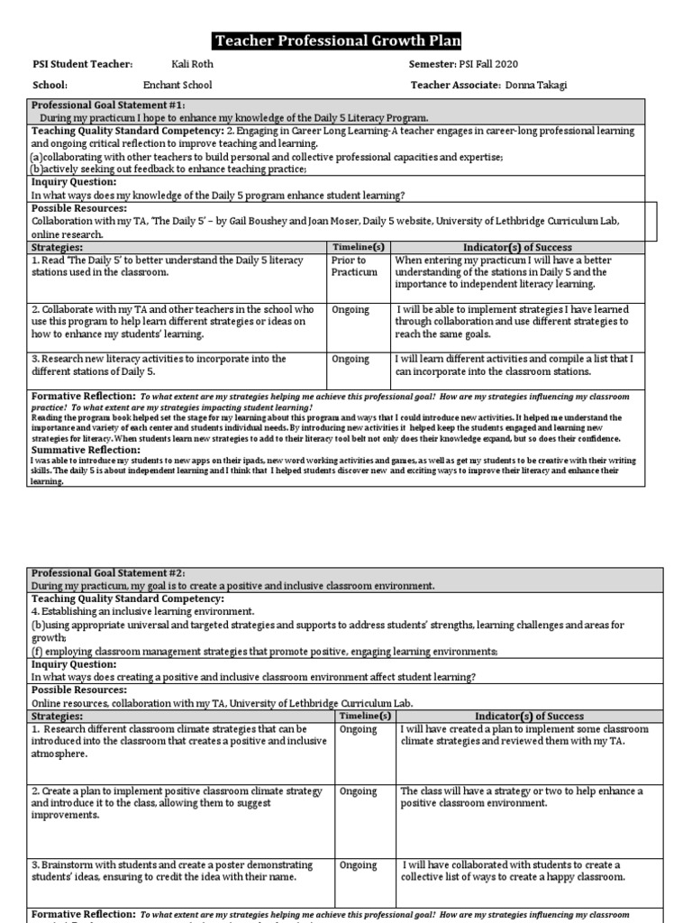 Teacher Professional Growth Plan: Timeline(s) | PDF | Classroom | Literacy