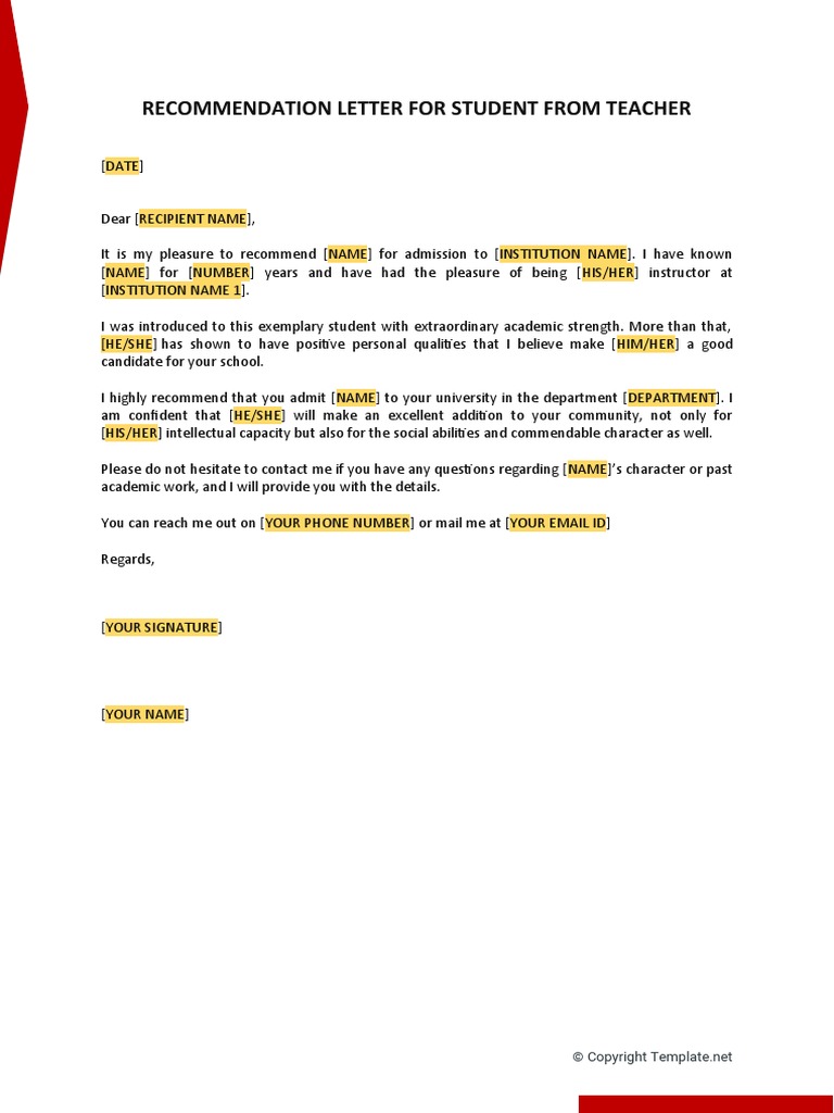 Recommendation Letter For Student From Teacher | PDF