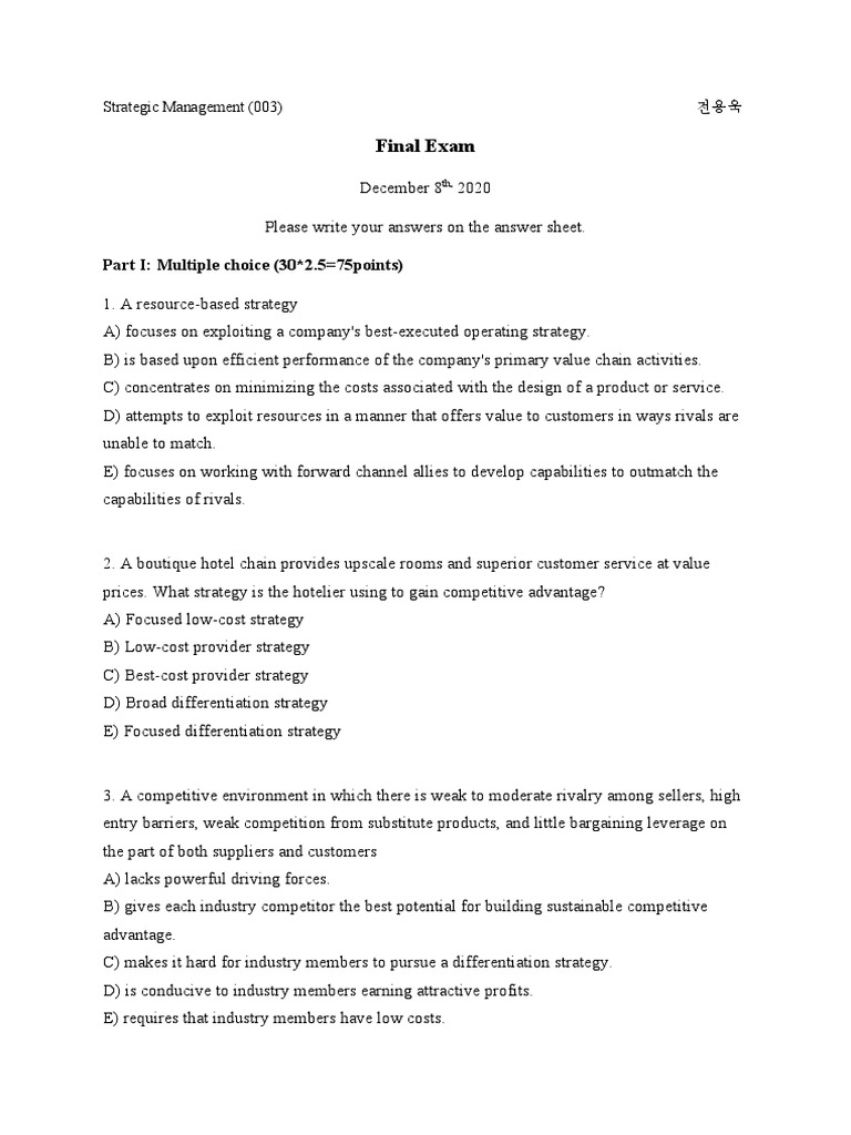 Strategic Management 003 - Final Exam | PDF | Strategic Management ...