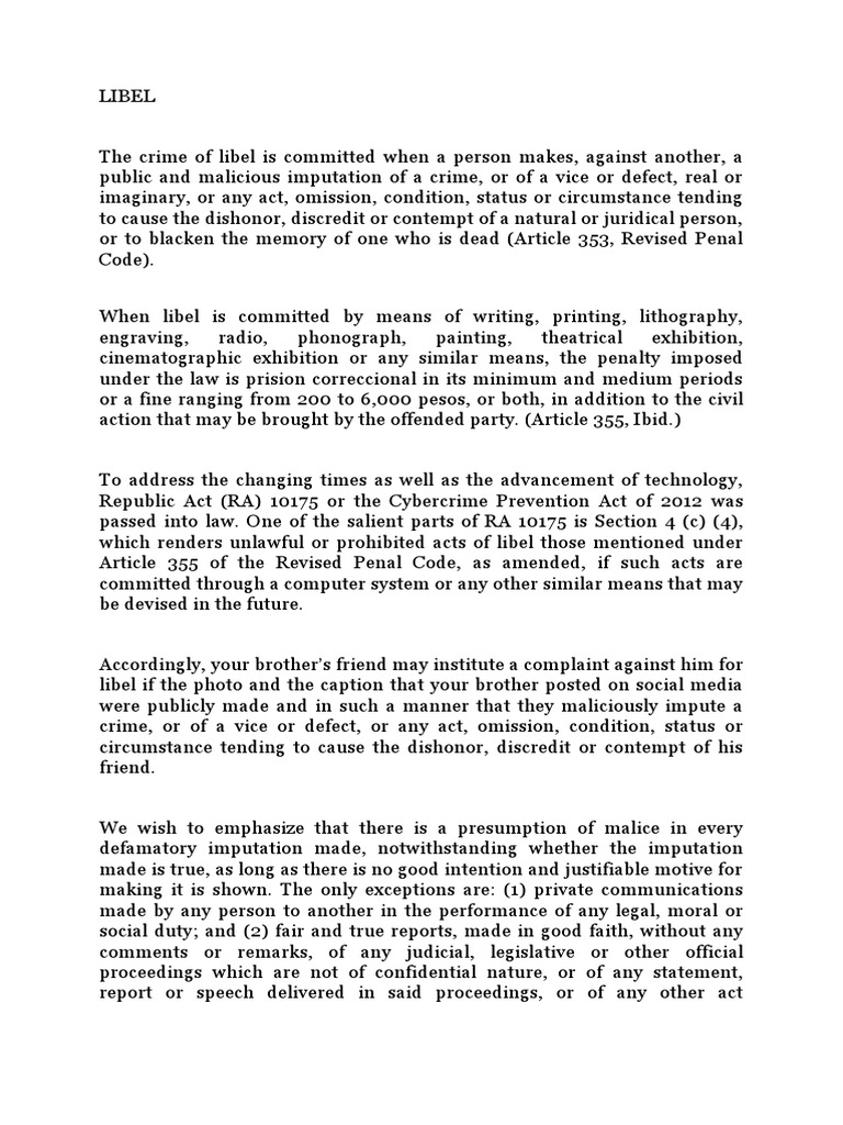 Libel Notes | PDF | Defamation | Criminal Law