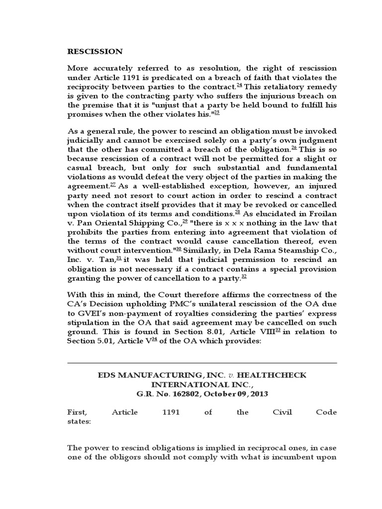 Rescission - Jurisprudence | PDF | Breach Of Contract | Legal Concepts