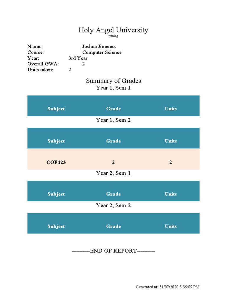Holy Angel University: Summary of Grades | PDF