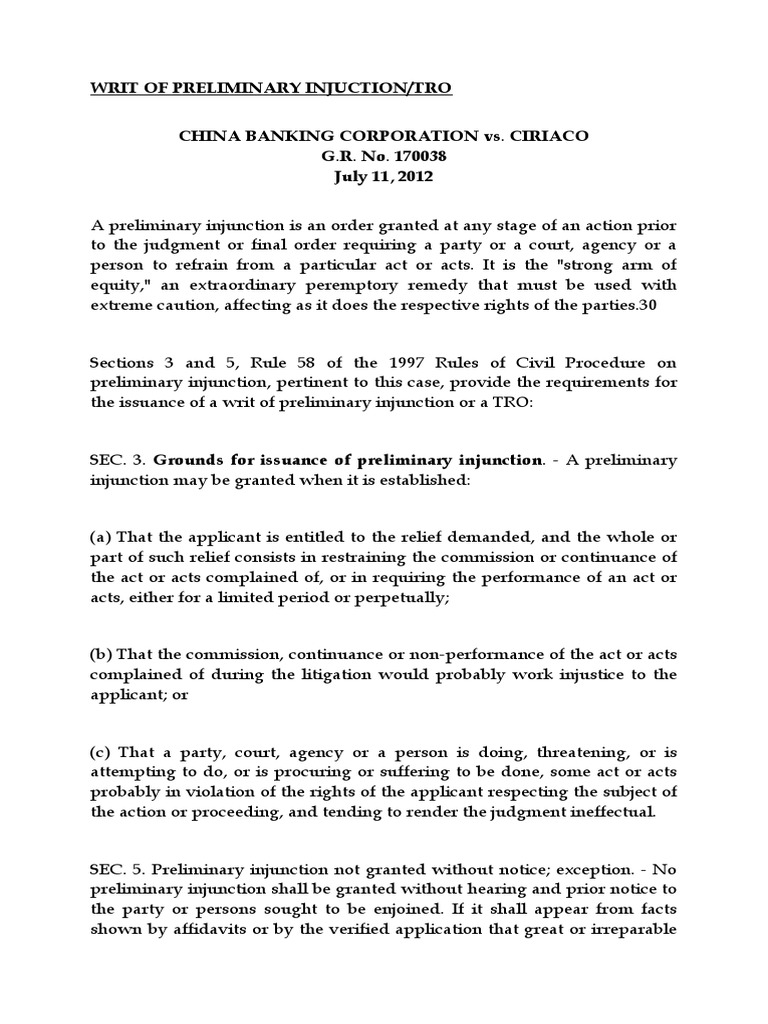 WRIT PRELIMINARY INJUNCTION TRO | PDF | Injunction | Equity (Law)