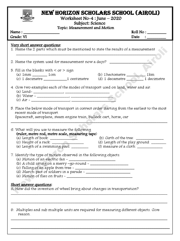 Grade 6 - Subject Science - Topic Measurement and Motion-Worksheet No 4 ...