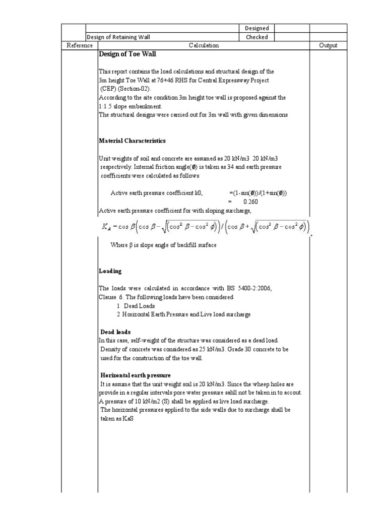Design of Toe Wall PDF | PDF | Bending | Stress (Mechanics)