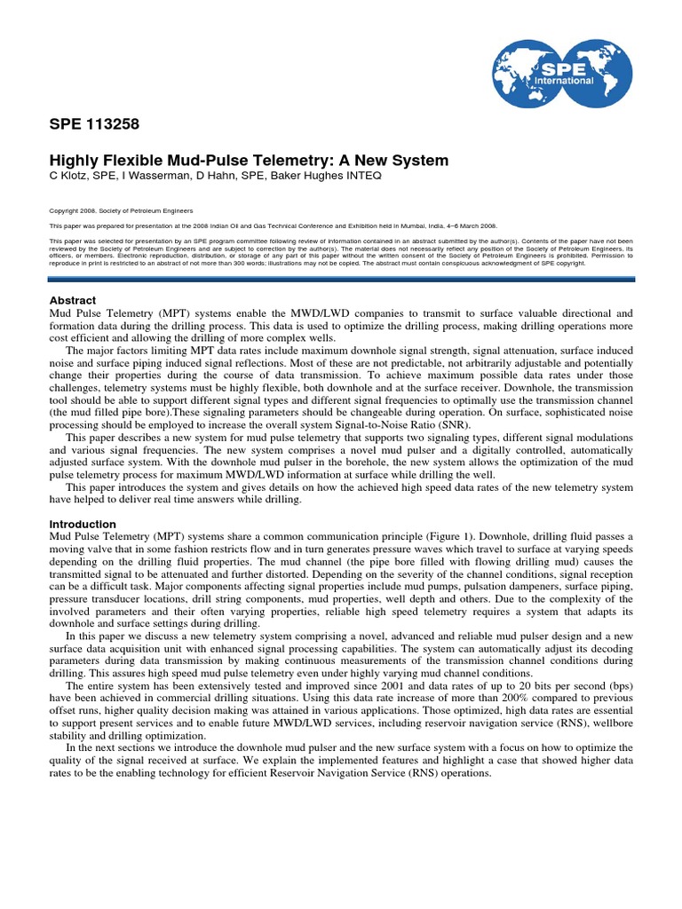 SPE 113258 Highly Flexible Mud-Pulse Telemetry: A New System | PDF ...