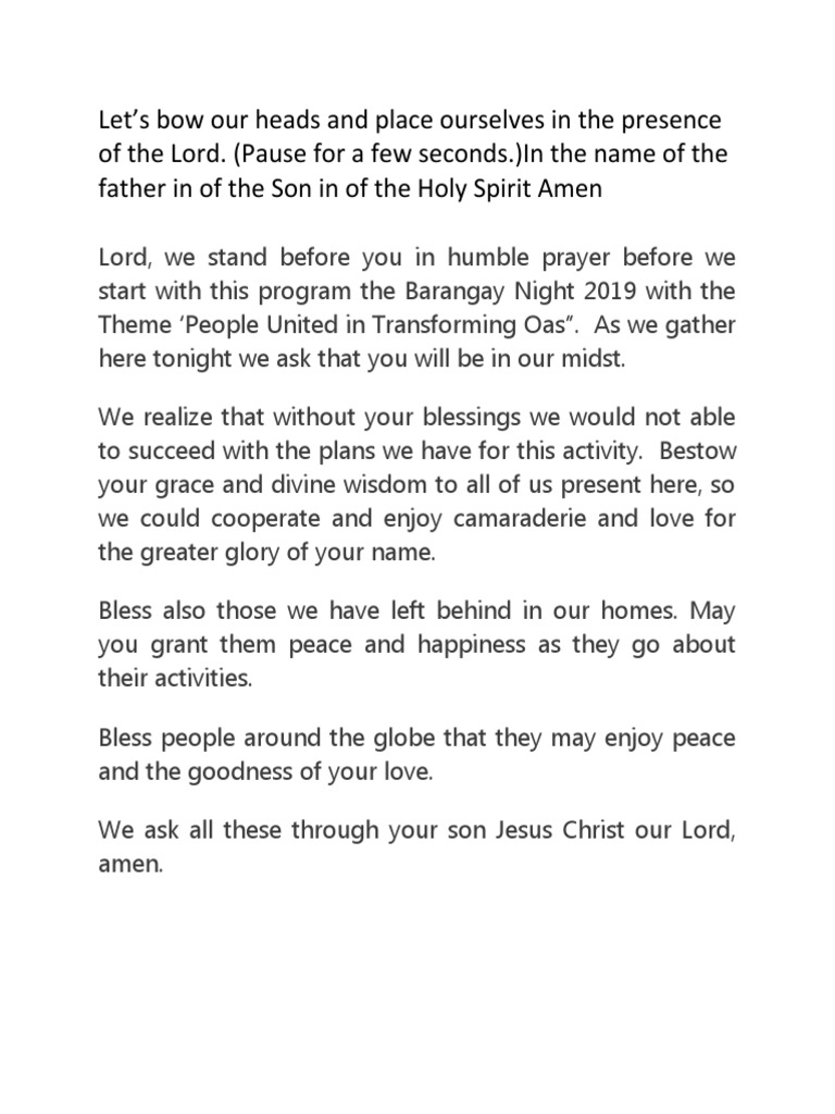 Prayer for Barangay Night 2019 | PDF