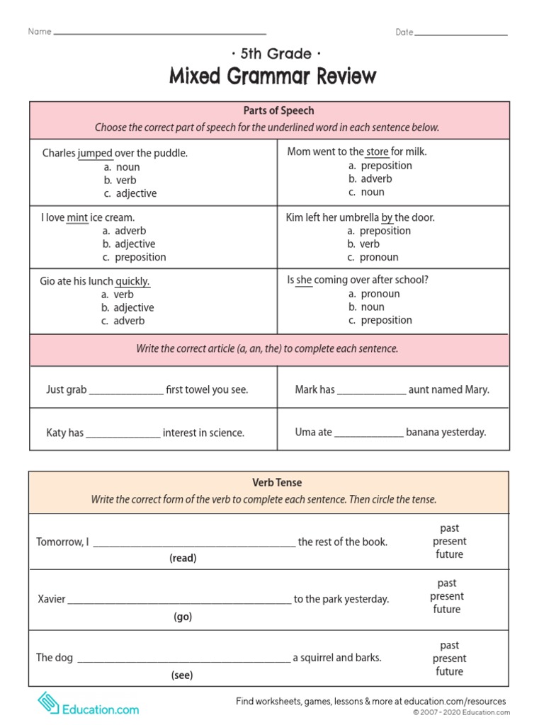 Mixed Grammar Review: - 5th Grade | PDF | Part Of Speech | Verb