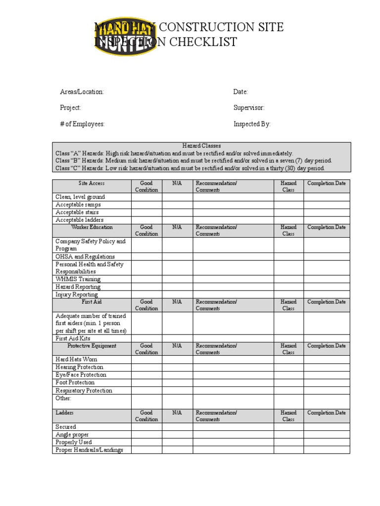 Monthly Construction Site Inspection Checklist | PDF | First Aid ...