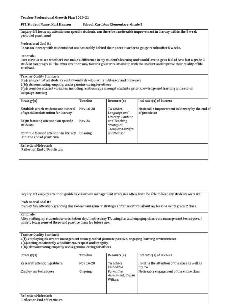 Teacher Professional Growth Plan Karl Hanson | PDF | Classroom ...