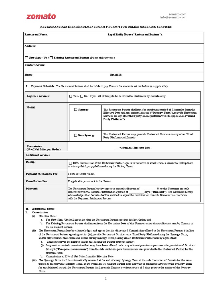 Zomato Contract | PDF | Payments | Fee
