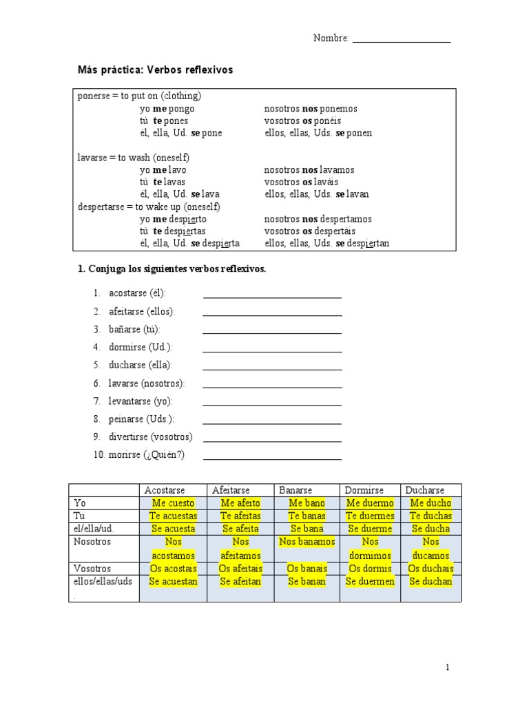 Practica Verbos Reflexivos Worksheet | PDF | Ropa