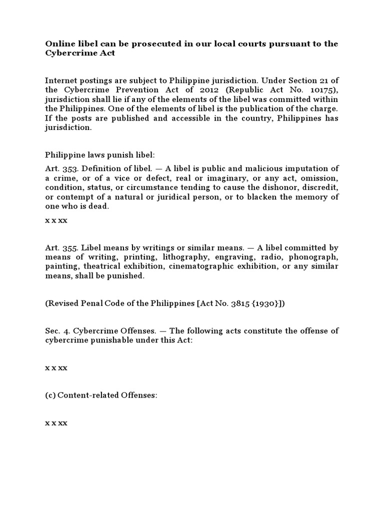 Online Libel Can Be Prosecuted in Our Local Courts Pursuant To The ...