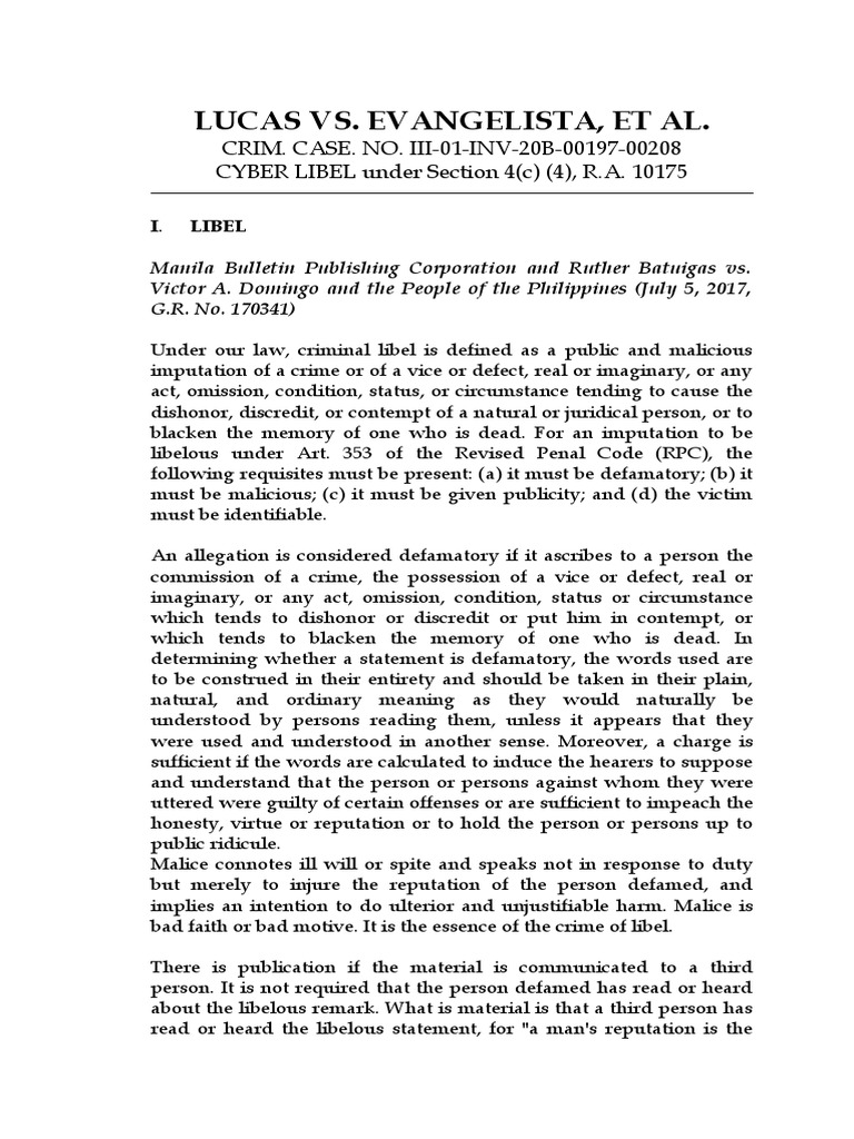 Libel - Case Law | PDF | Malice (Law) | Defamation