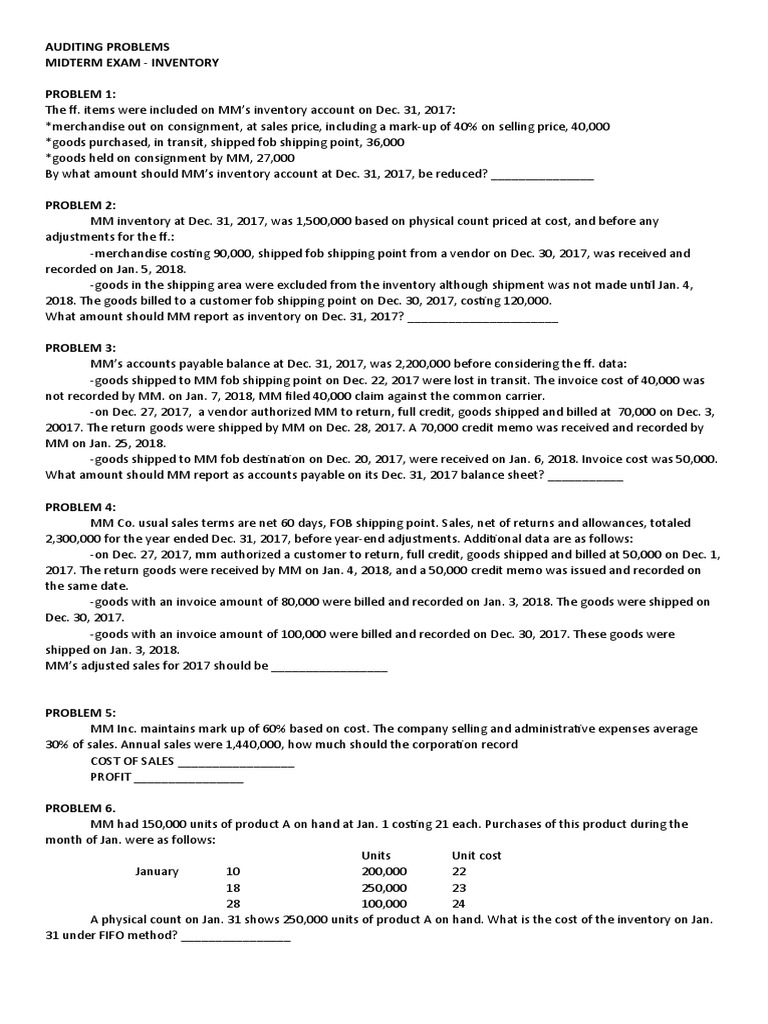 Auditing Problems Midterm Exam - Inventory Problem 1 | PDF | Inventory ...