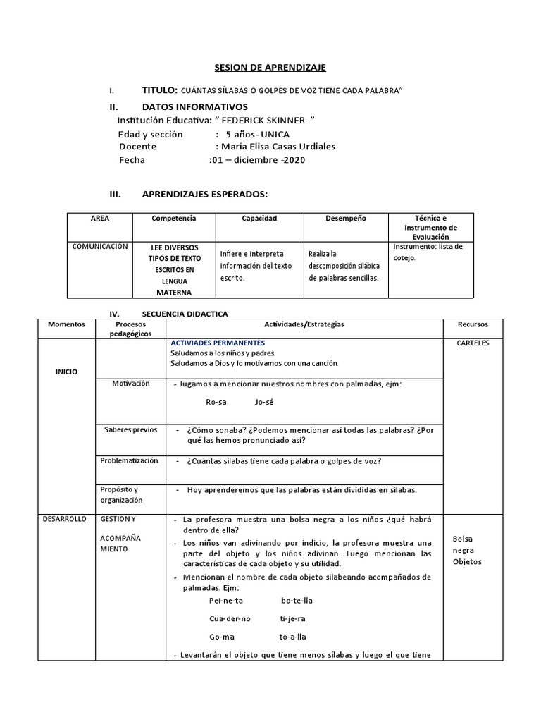 Conteo y separación de sílabas para inicial | PDF | Sílaba | Evaluación
