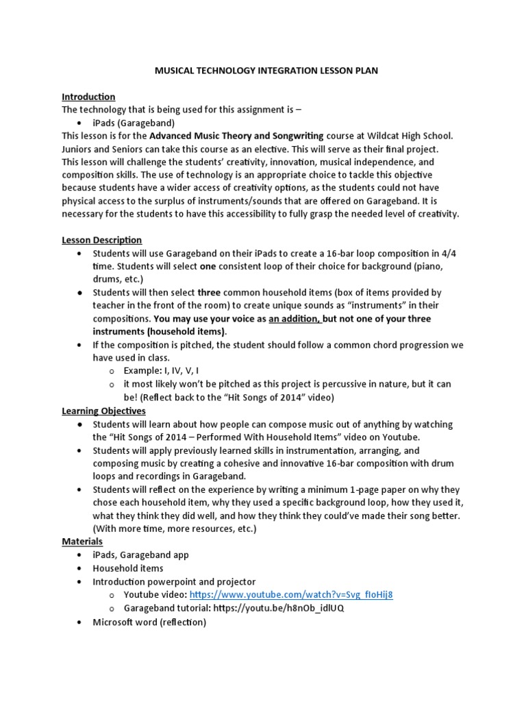 Musical Technology Integration Lesson Plan | PDF | Garage Band ...