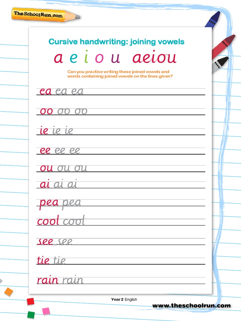 Cursive Vowels Practice for Year 2 | PDF | Language Arts & Discipline
