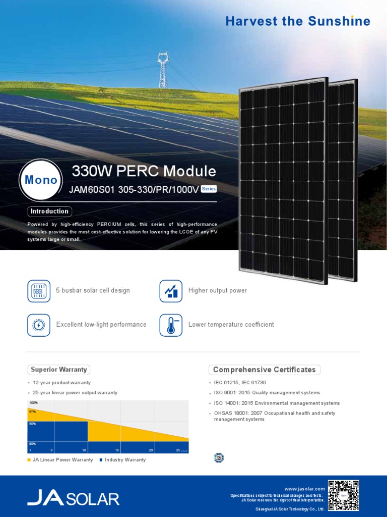 JA Solar Panel 330W Datasheet | PDF | Solar Panel | Electrical Engineering