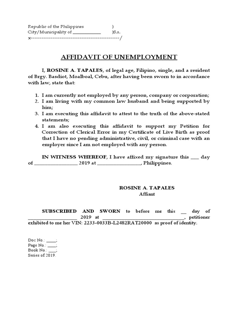 Affidavit of Unemployment: Republic of The Philippines) City ...