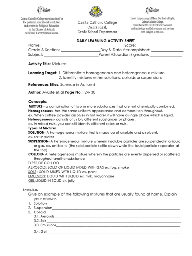 Daily Learning Activity Sheet | Download Free PDF | Solution | Colloid