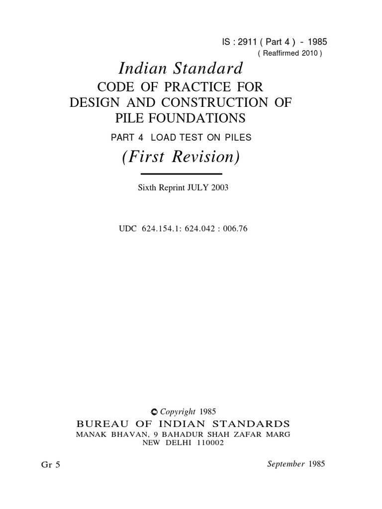 IS 2911 P-4-1985 Pile Foundations - Load Test On Pile | PDF | Deep ...