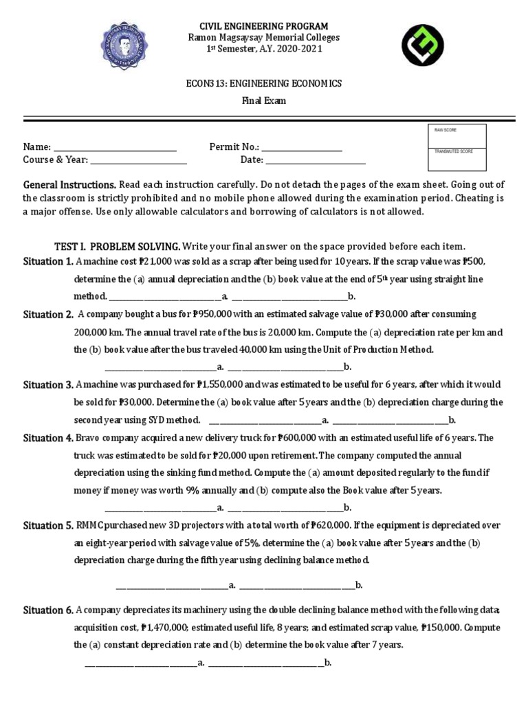 ECON313 Engineering Economics Final Exam | PDF | Book Value | Depreciation