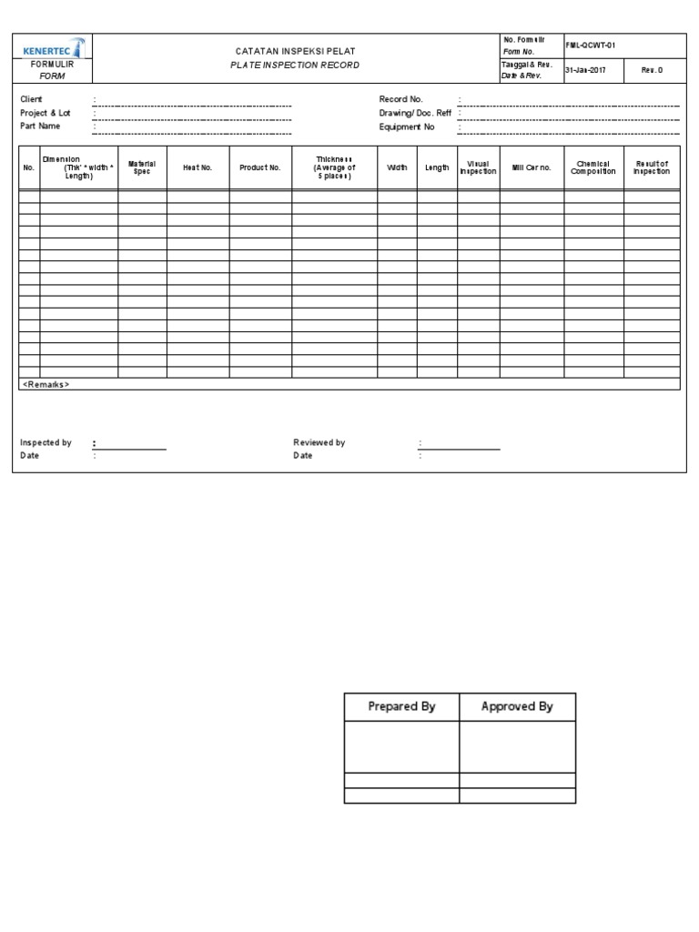FML-QCWT-01 - Plate Inspection Record - 310117 - R0 | PDF