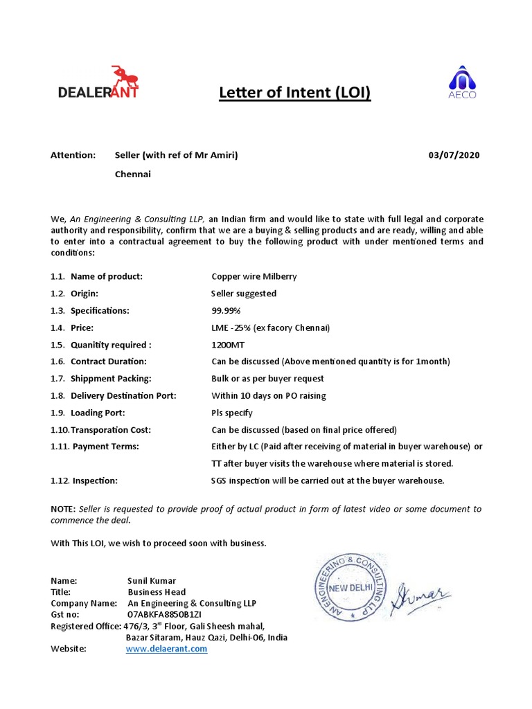 Letter of Intent (LOI) : Attention: Seller (With Ref of MR Amiri) 03/07 ...