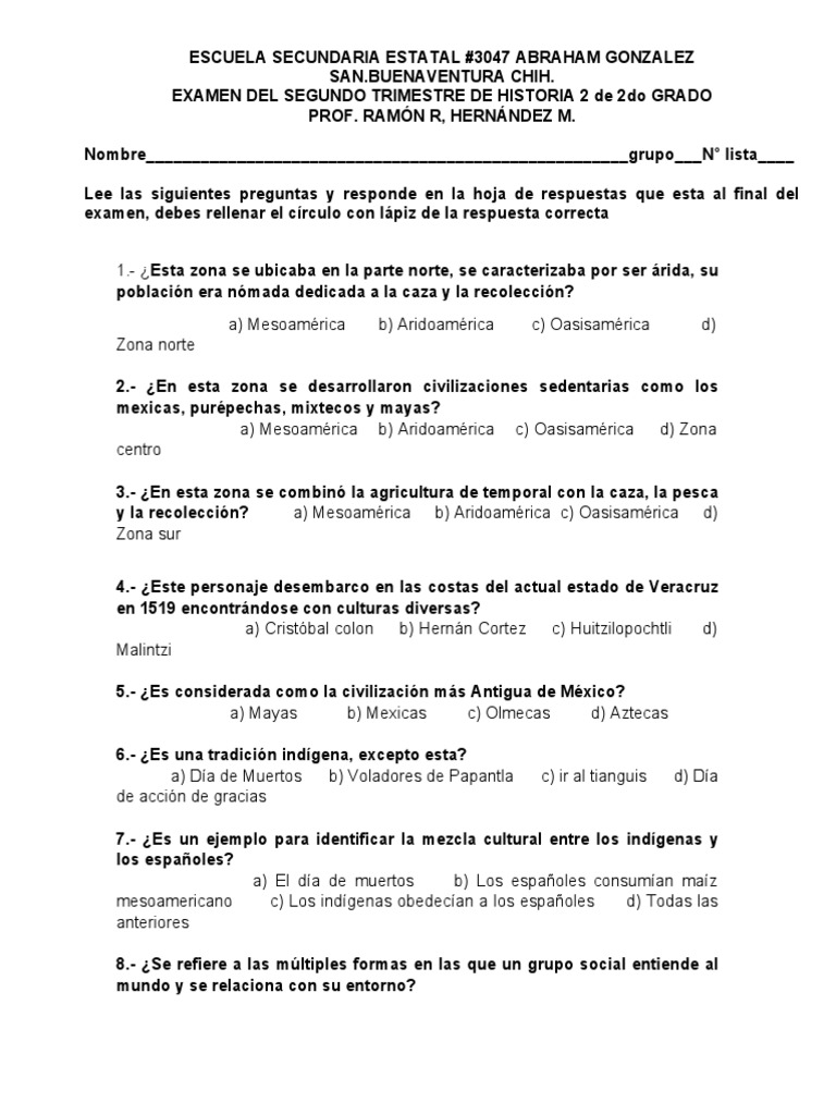 Examen Trimestral Segundo Grado 2T | PDF | Mesoamérica | Cultura de las Americas