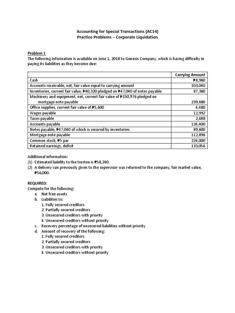 Practice Problems Corporate Liquidation Pdf Unsecured Debt