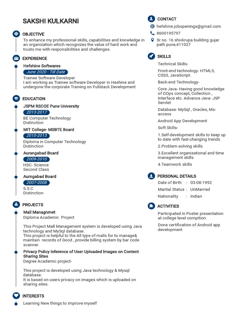 Sakshi Kulkarni Java Developer | PDF | Java (Programming Language ...