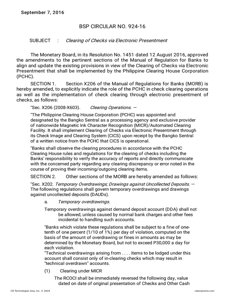 BSP Circular No. 924-16 | PDF | Clearing (Finance) | Cheque